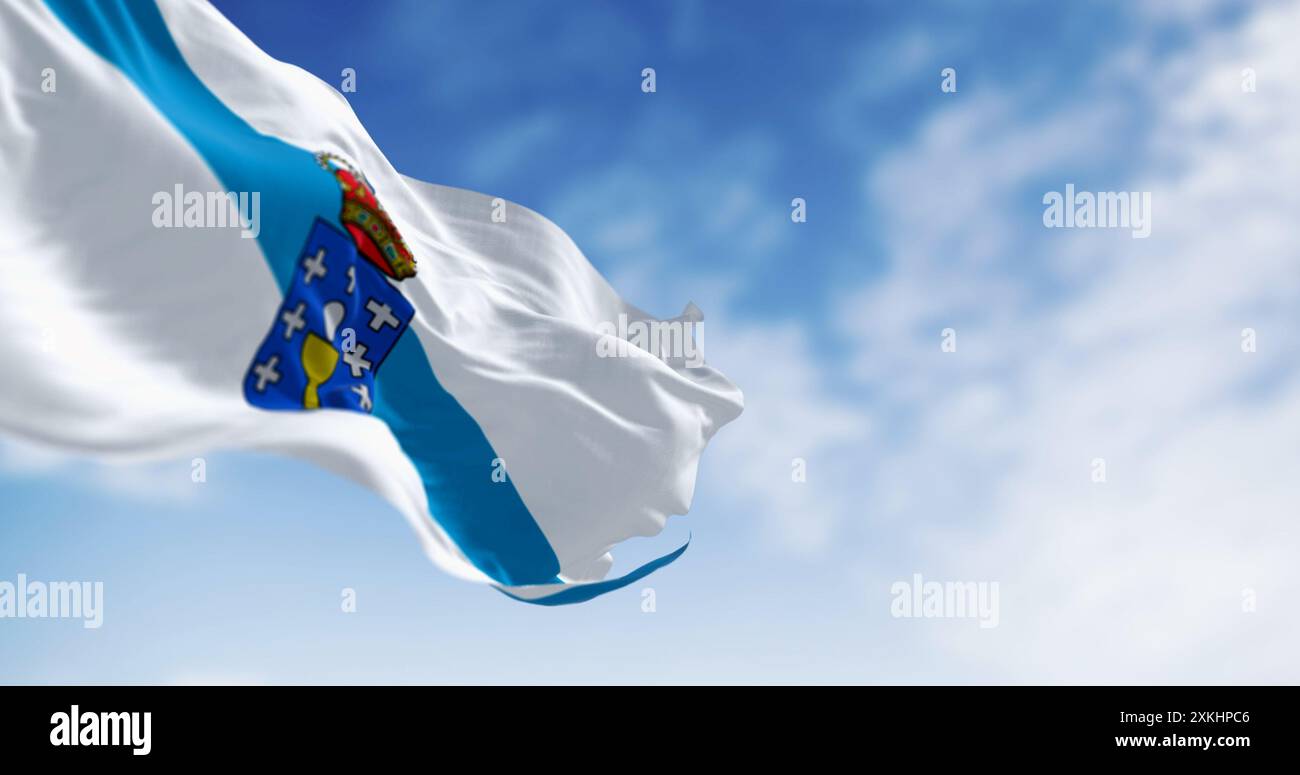 Galicia flag waving on a clear day. Autonomous community of Spain ...