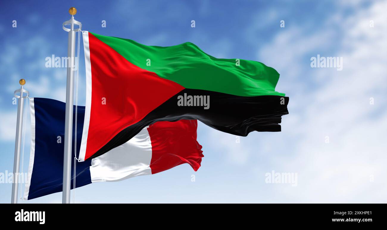 Flag of Martinique waving with national french flag on a clear day. Martinique is an island of ...