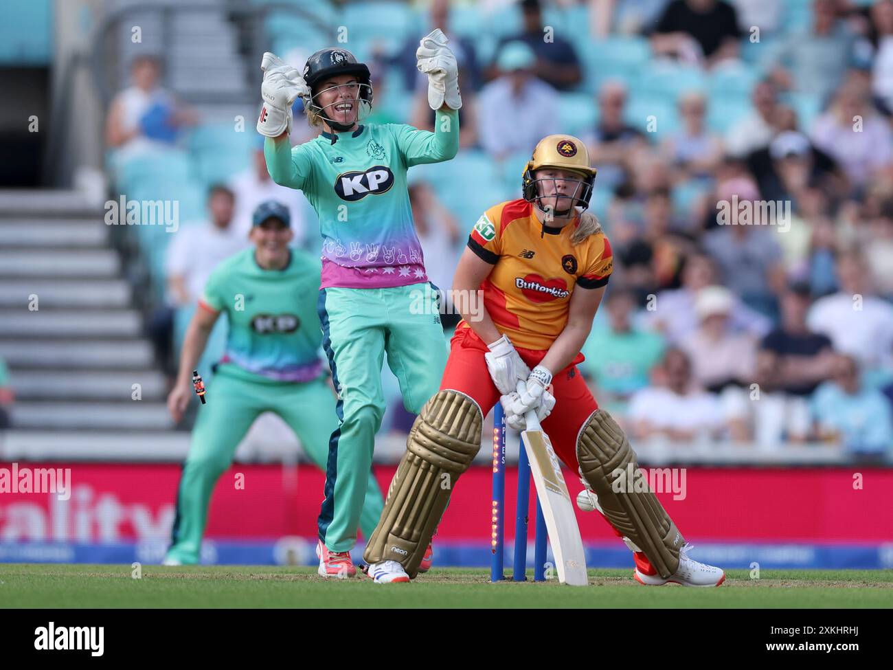 Birmingham Phoenix's Charis Pavely being bowled out by Oval Invincibles Amanda-Jade Wellington ...