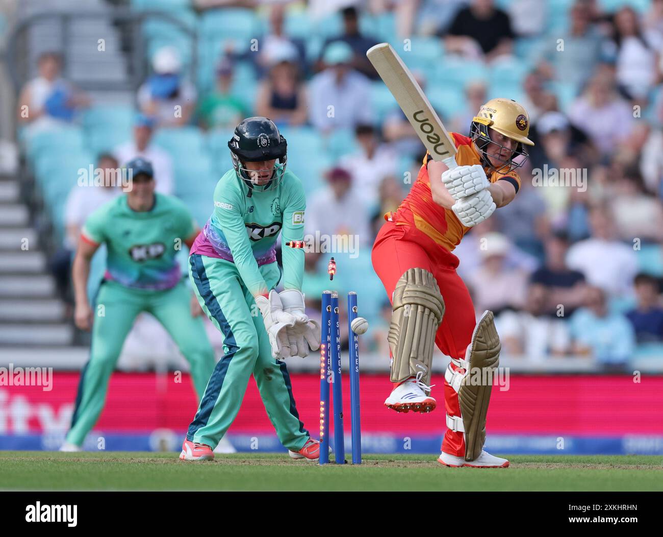 Birmingham Phoenix's Charis Pavely being bowled out by Oval Invincibles Amanda-Jade Wellington ...
