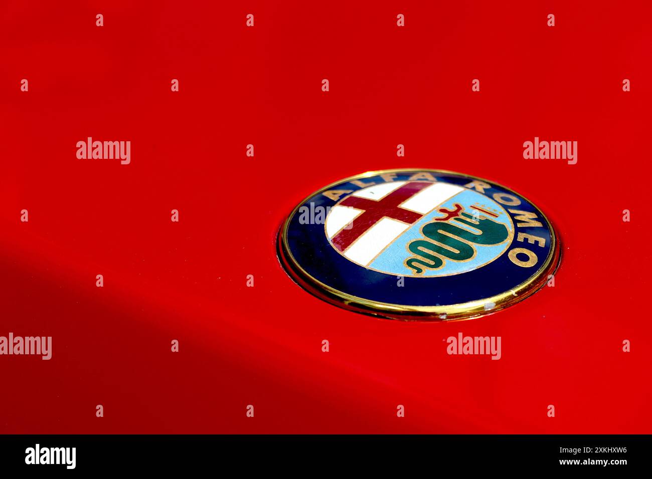 Close up isolated shot of an Alfa Romeo car badge fitted to the rear of ...