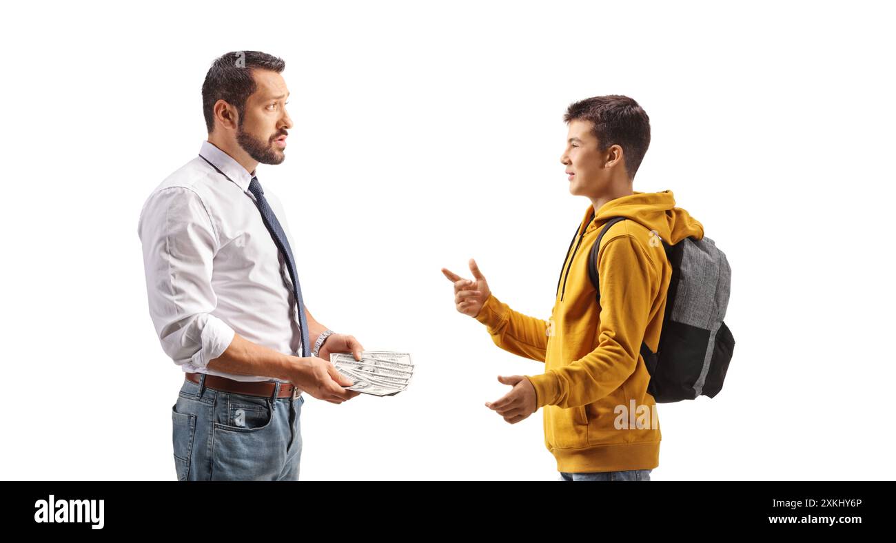 Man offering money to a teenage boy isolated on white background Stock ...