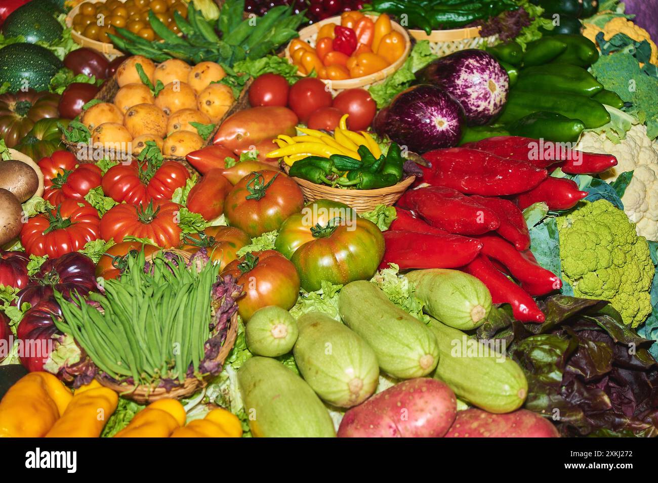 An attractive display of fresh and colorful fruits and vegetables ...