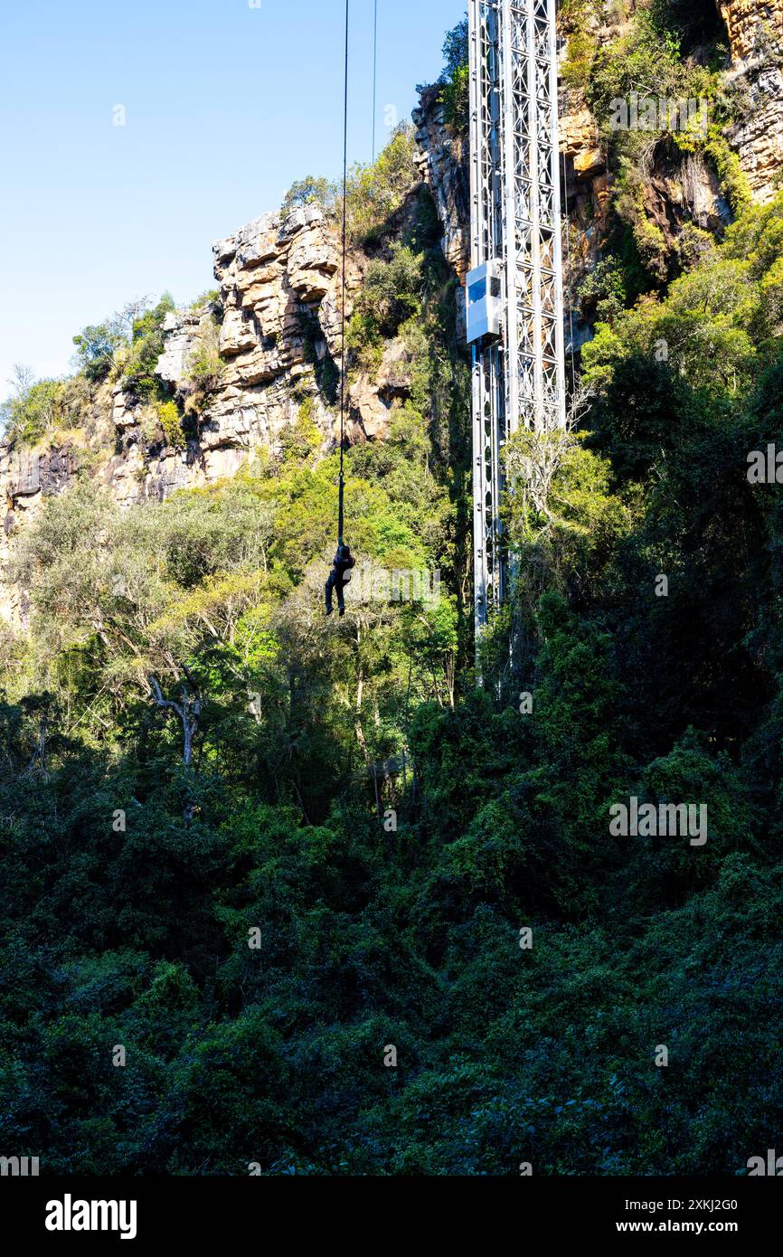 A woman swings in the Graskop Gorge. View of Graskop Gorge along South ...