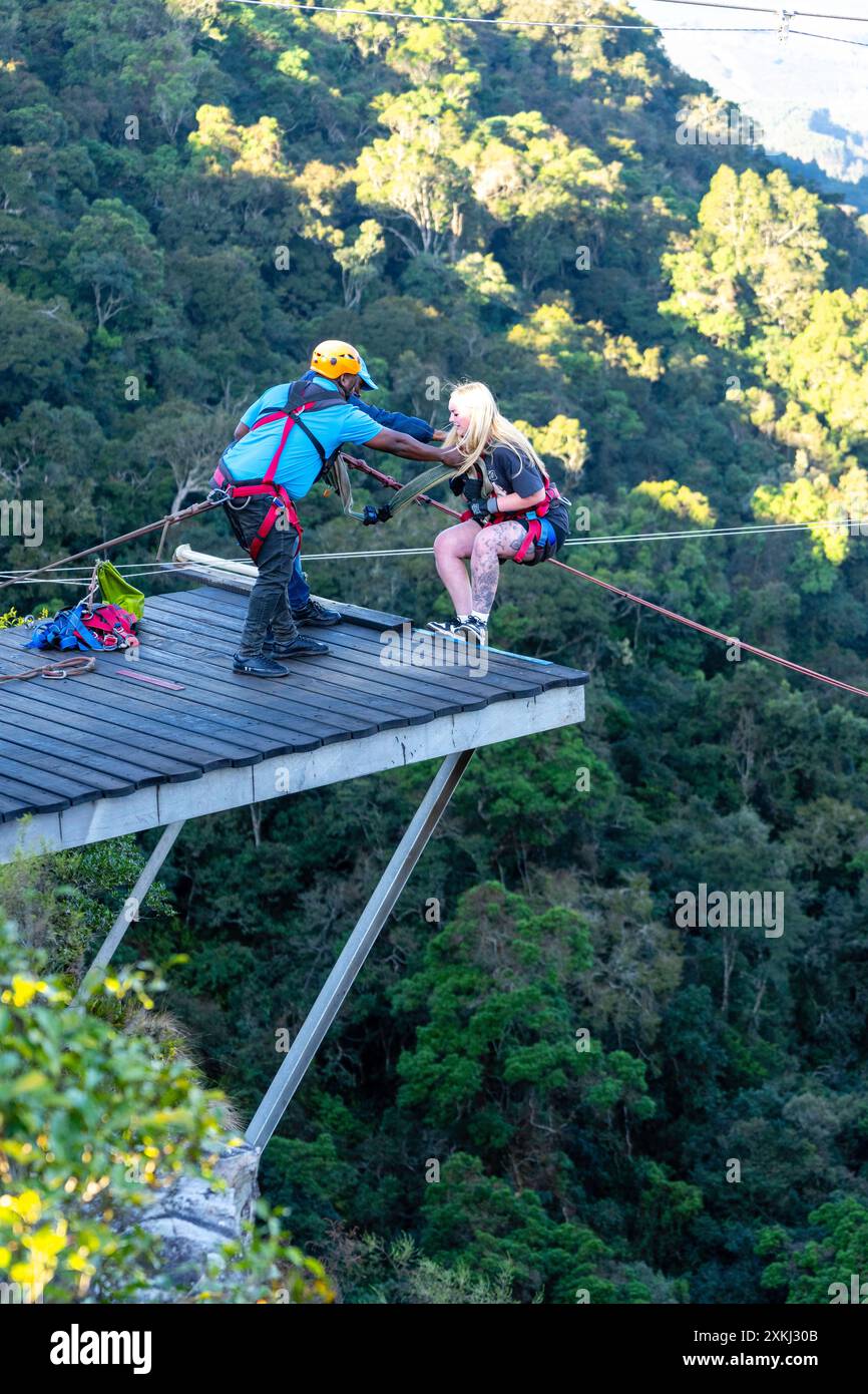 A woman falls into Graskop Gorge with a rope swing. Graskop Gorge along ...