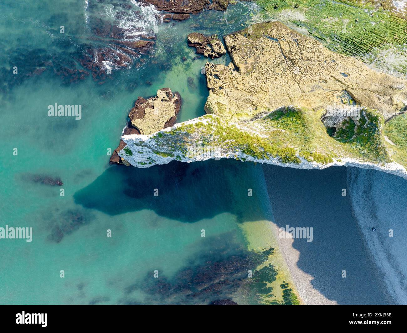Aerial view of Etretat cliffs and the Atlantic ocean. Chalk cliffs and ...