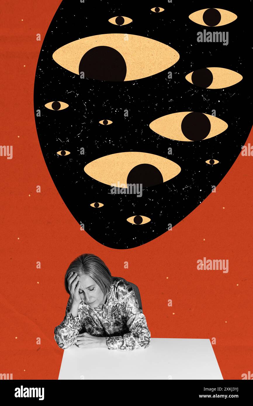 Vertical collage image sad depressed mature woman eyes vision look ...