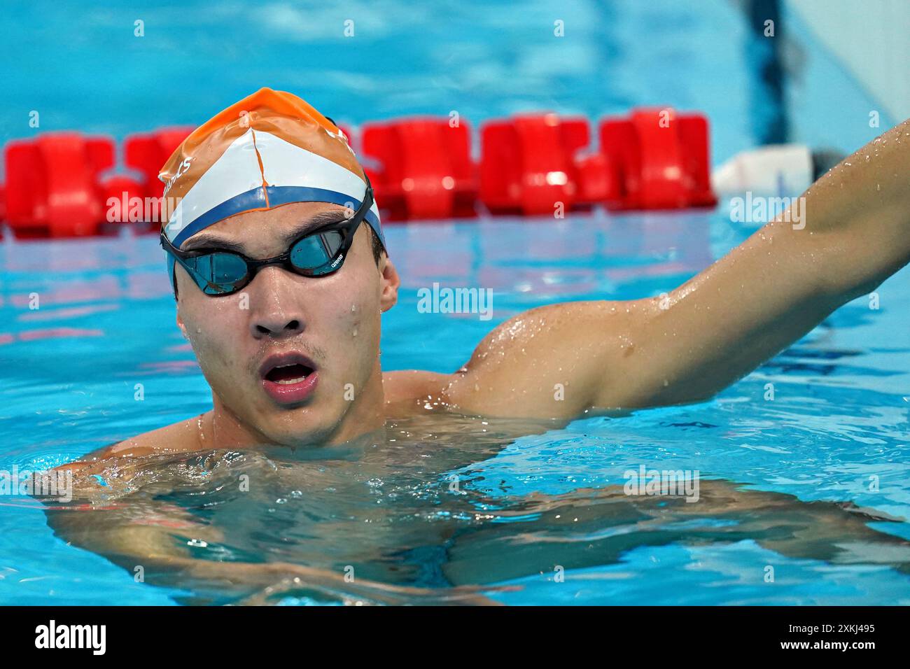 Paris, France. 23rd July, 2024. Batbayar Enkhtamir, the only Mongolian men's swimmer trains ...