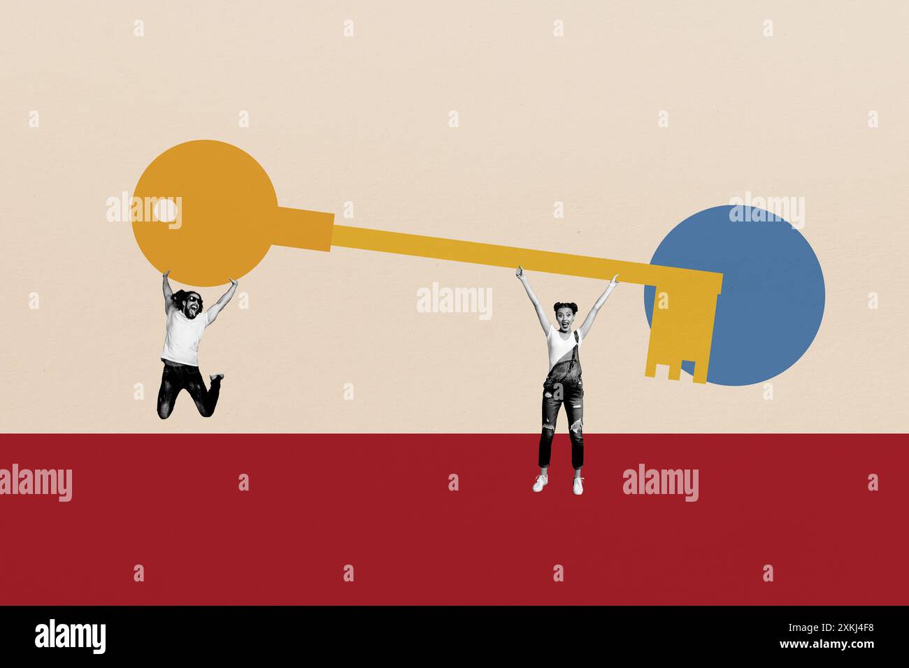 Creative collage picture young happy positive man woman hold giant ...