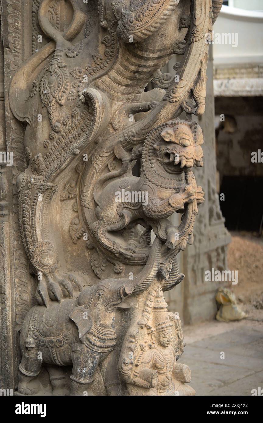 Beautiful Old ancient Hindu God Yaali carved in the pillar of temple in ...