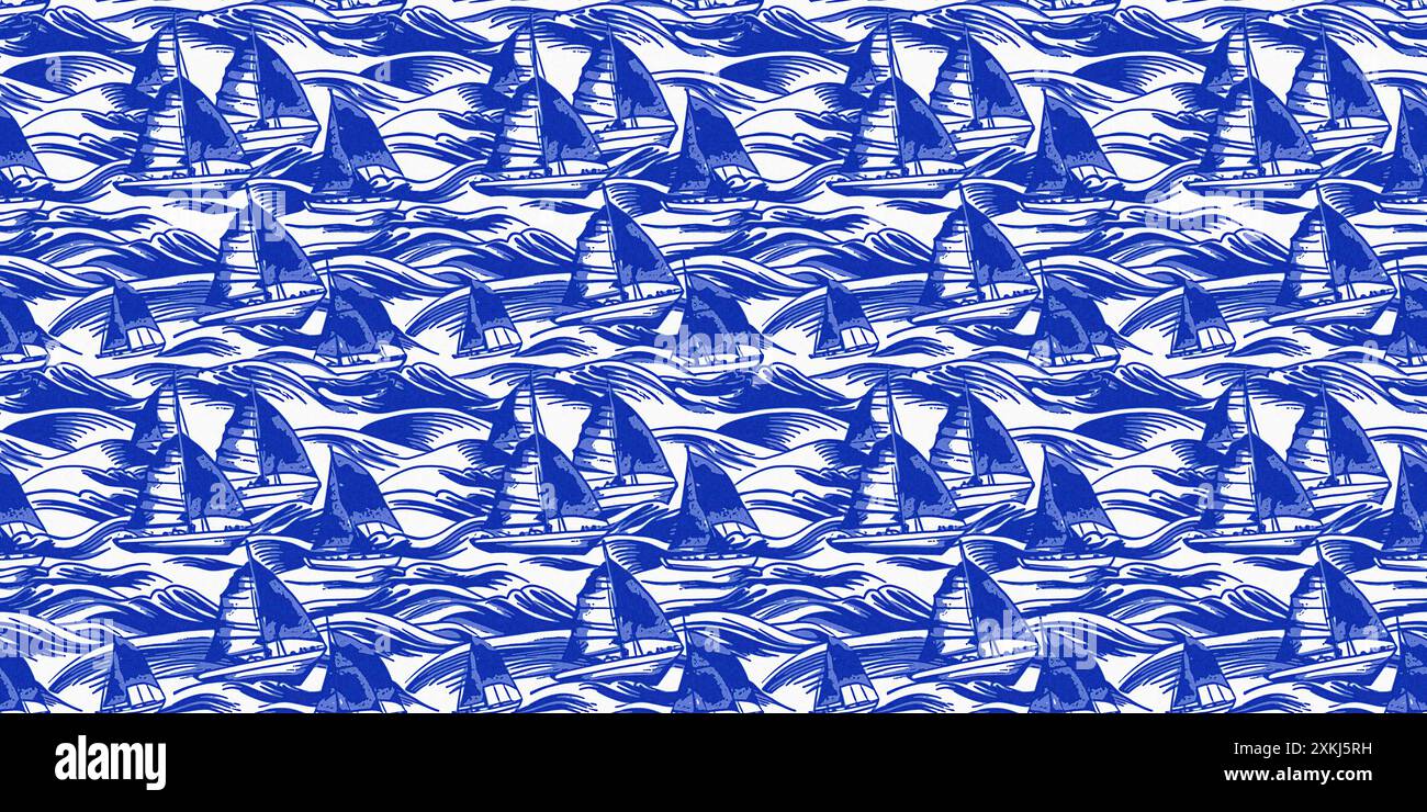 Coastal sail boat in azure ocean blue seamless border background ...