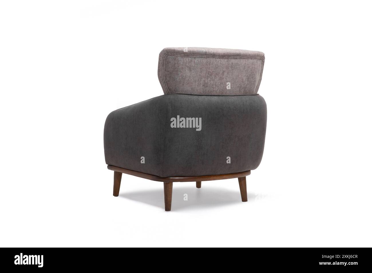 Rear view of a stylish grey armchair with wooden legs, perfect for ...