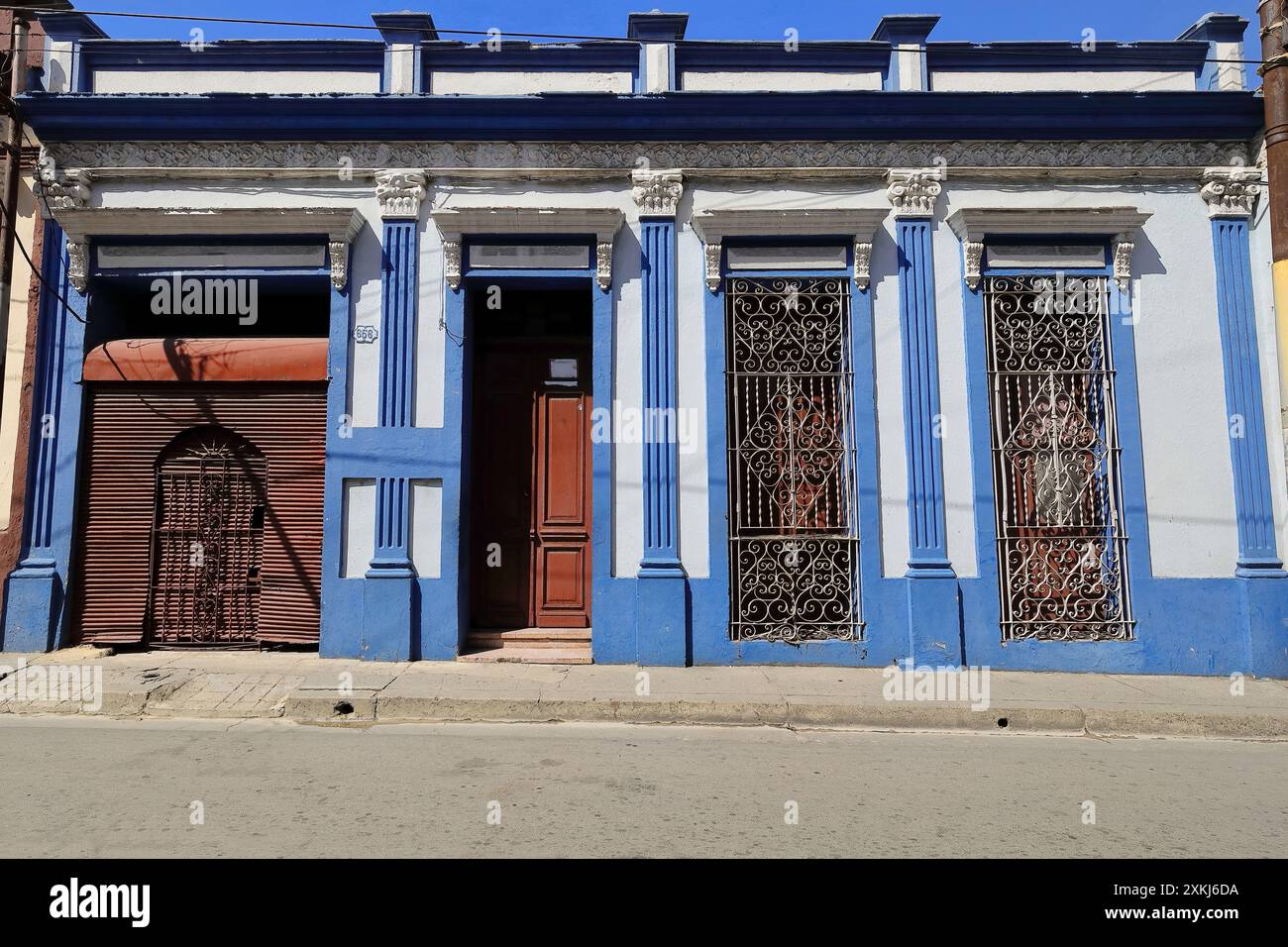 Blue painted house front entrance door white trim windows hi-res stock ...