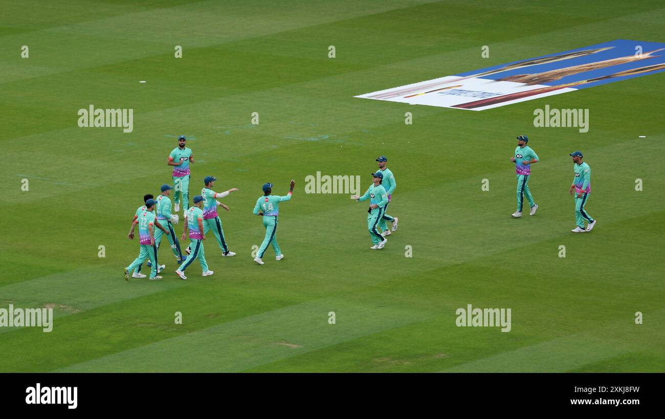 Oval Invincibles players celebrate the third wicket during The Hundred ...