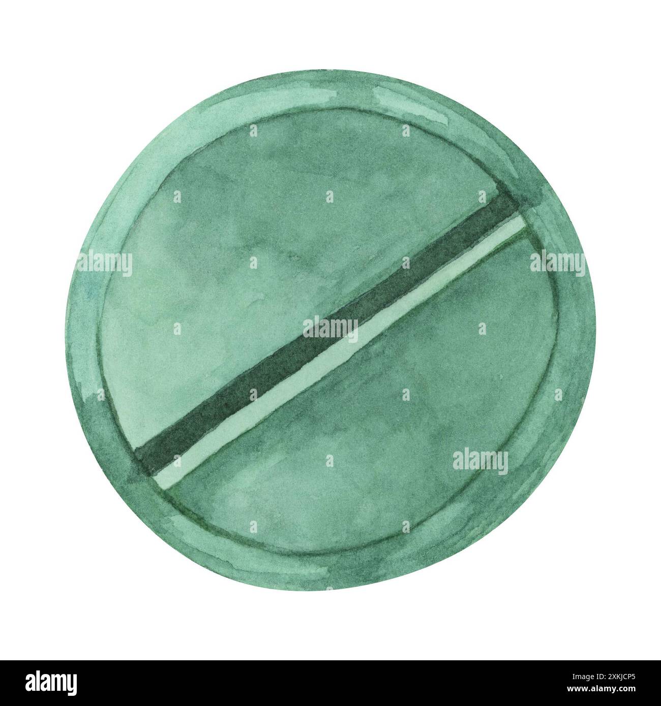 Medication watercolor clipart showcasing a round, green tablet with a ...