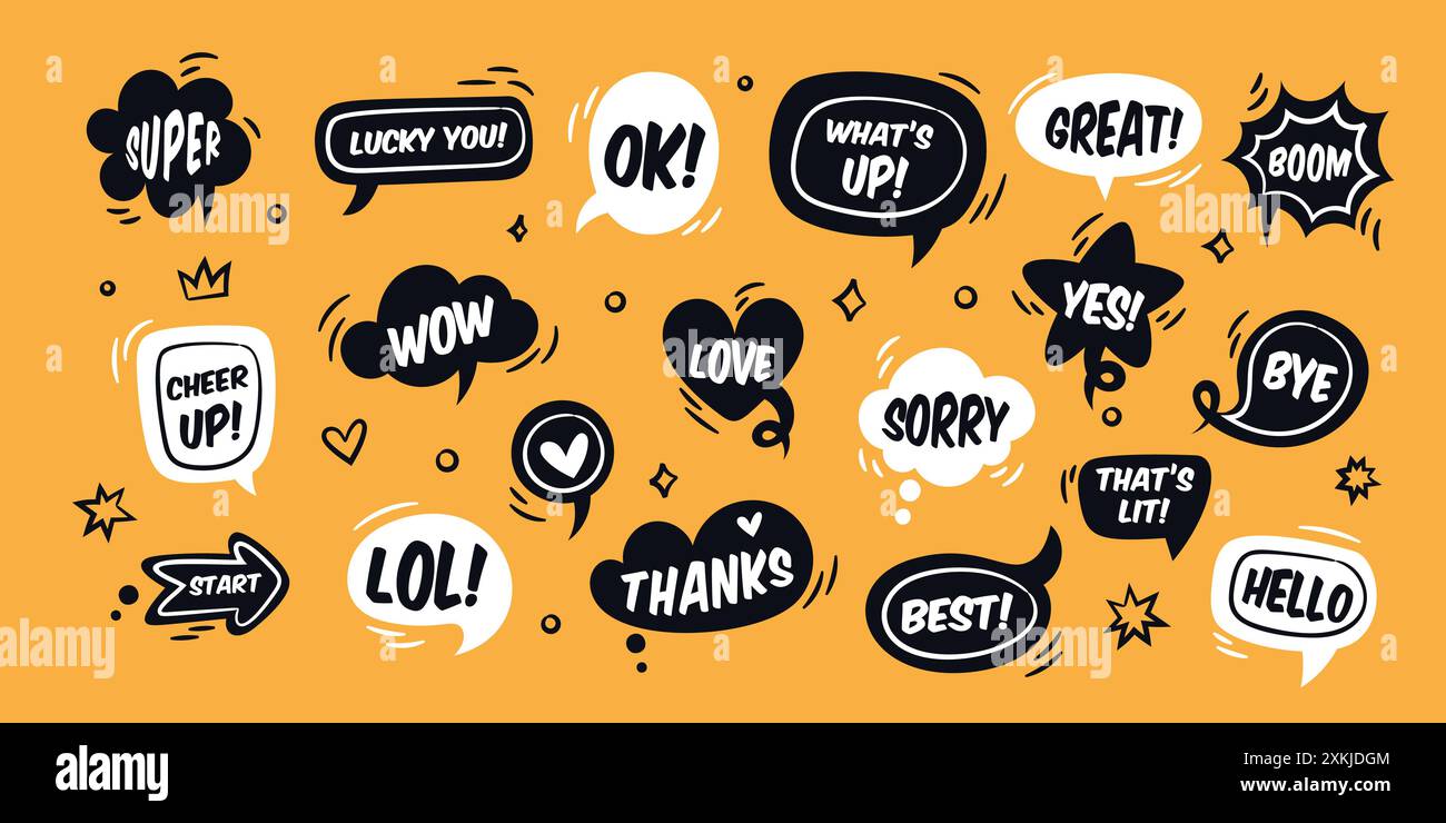 Speech bubbles with words. Comics short phrases. Doodle style dialog ...