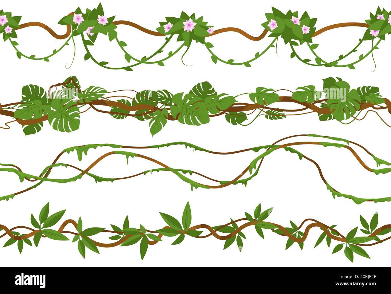 Jungle lianas borders. Cartoon branches and tropical leaves. Rainforest ...