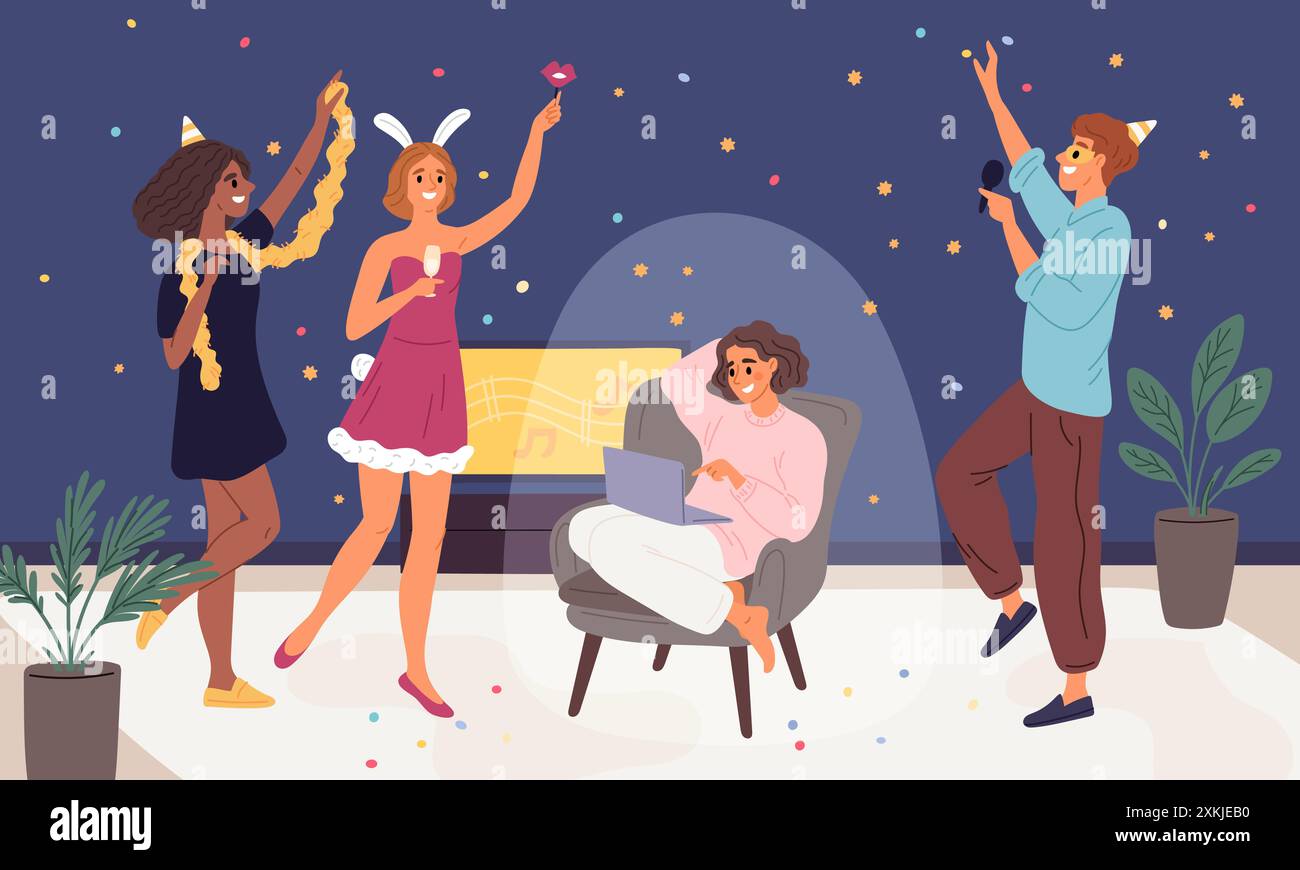 Friends Party Extroverts And Introvert Introverted Girl With Laptop Holiday Celebration