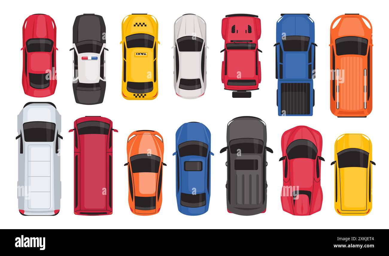 Cars top view. City vehicles. Personal or public transport. Auto park ...