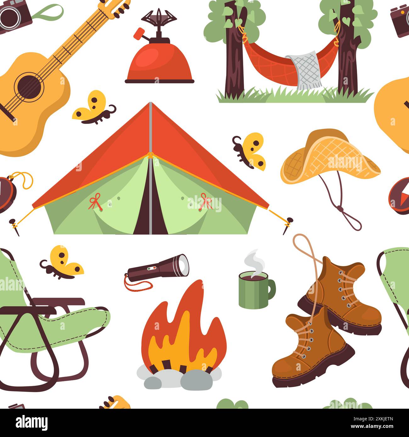 Cartoon camping elements seamless pattern. Adventure summer time. Tourists equipment. Campground ...