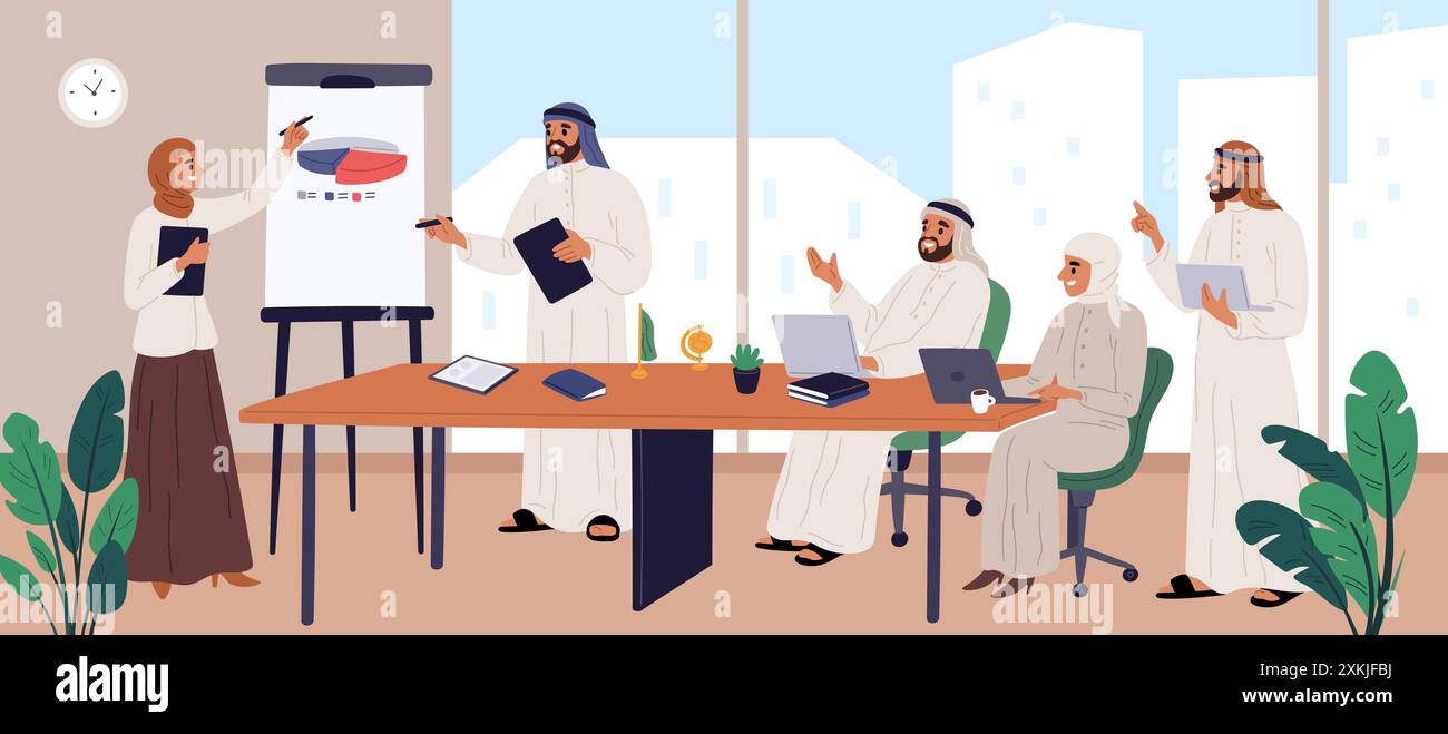 Arab business meeting. Muslim office staff working. Presentation in ...