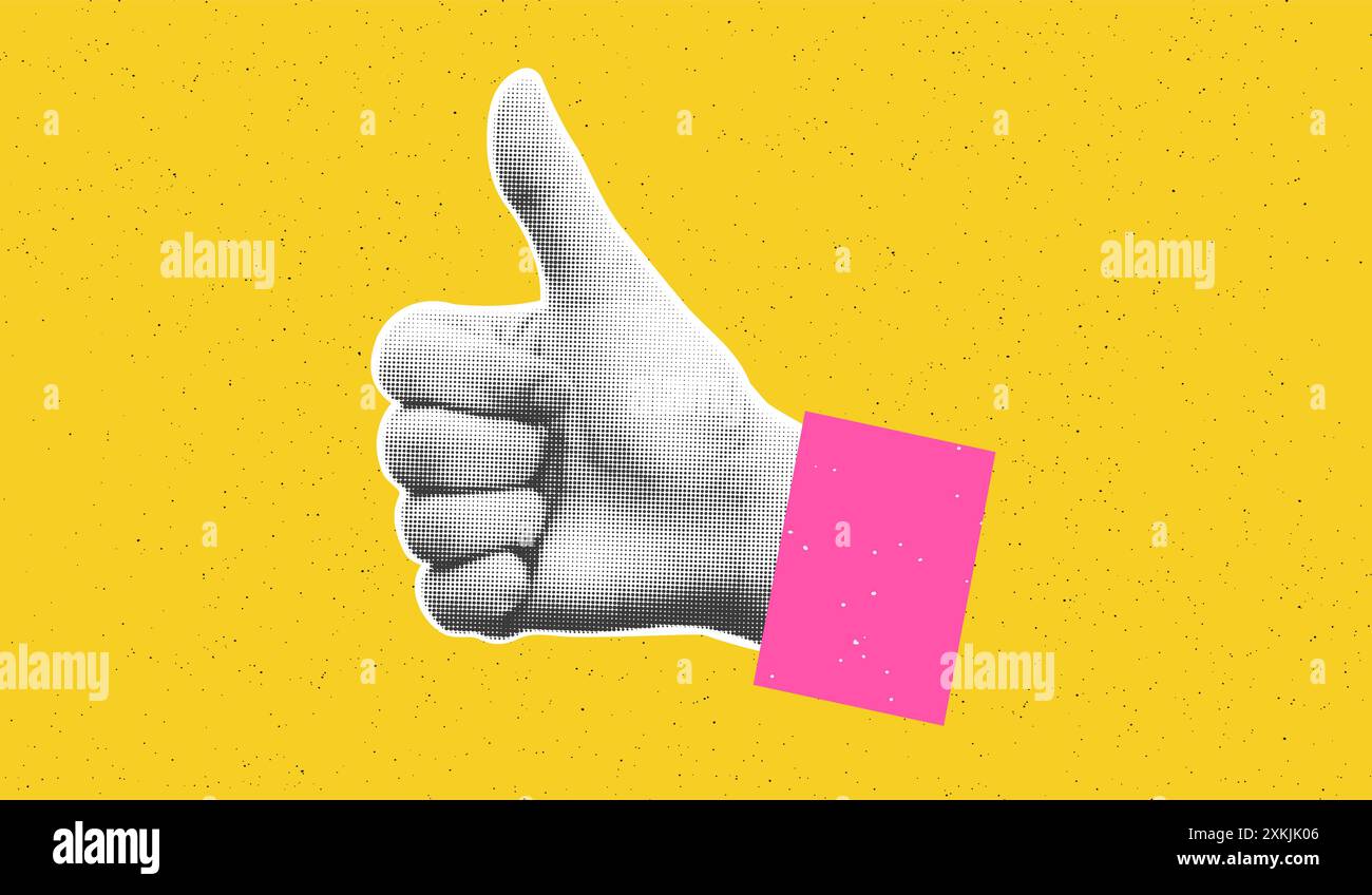 Collage element of halftone hand with thumb up vector illustration ...