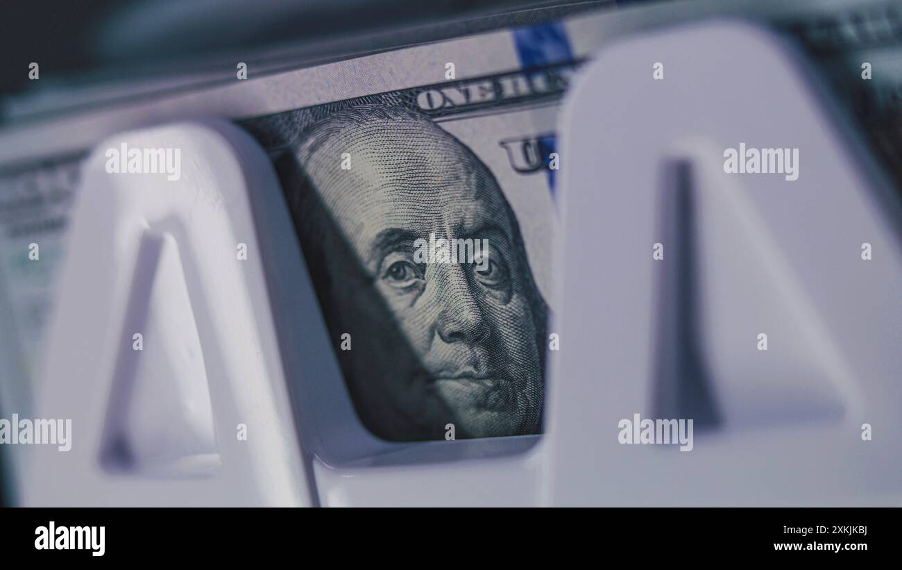 Close up of hundred dollar bill featuring Benjamin Franklin lying in ...