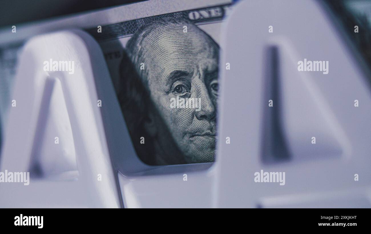 Close up of hundred dollar bill featuring Benjamin Franklin lying in ...