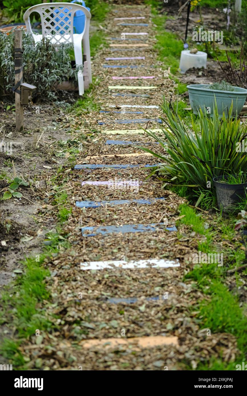 Pallet wood upcycled into painted wooden stepping stones on a woodchip ...