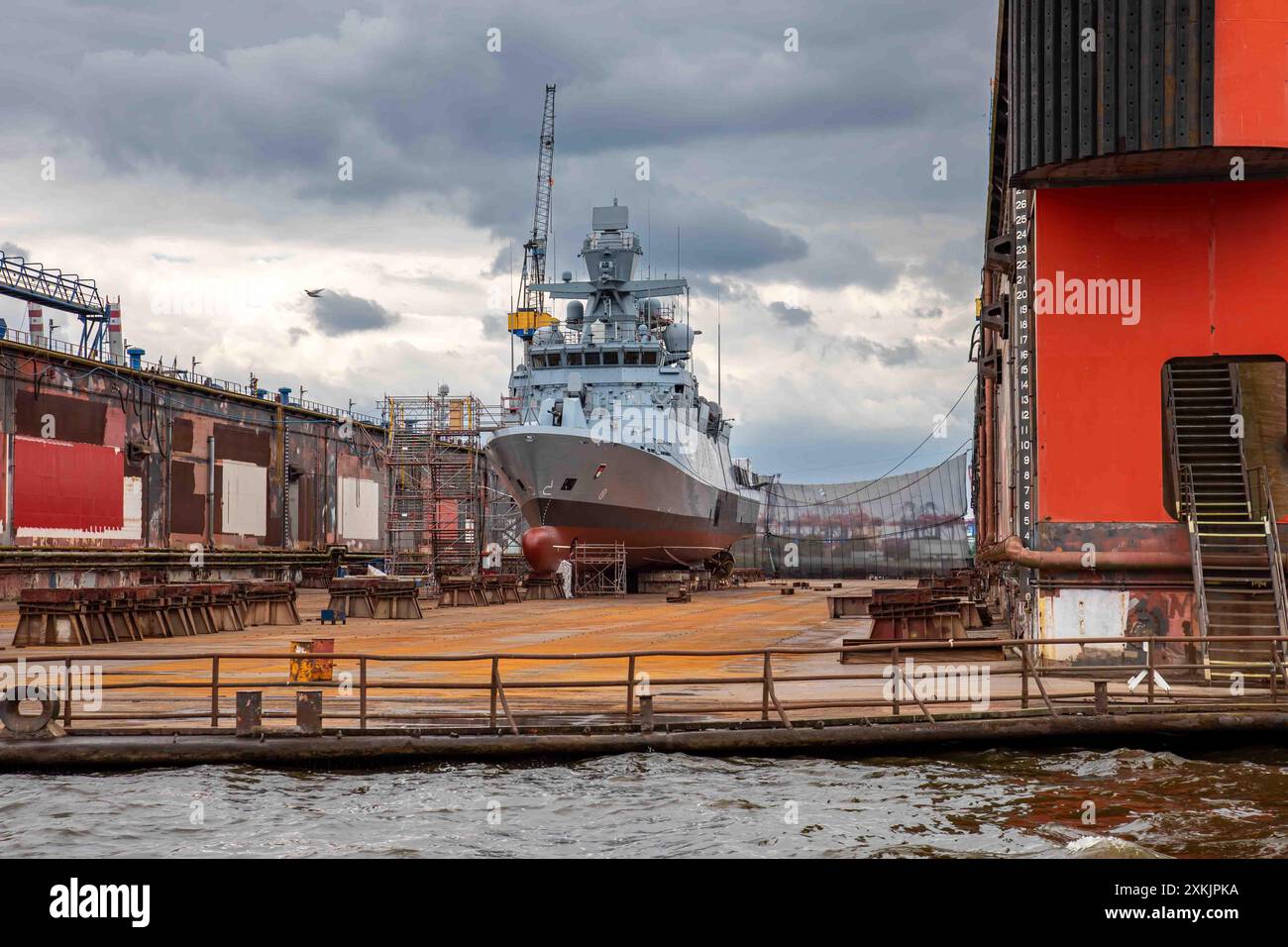 Braunschweig-class corvette in Blohm + Voss Dock 11, a floating dry ...