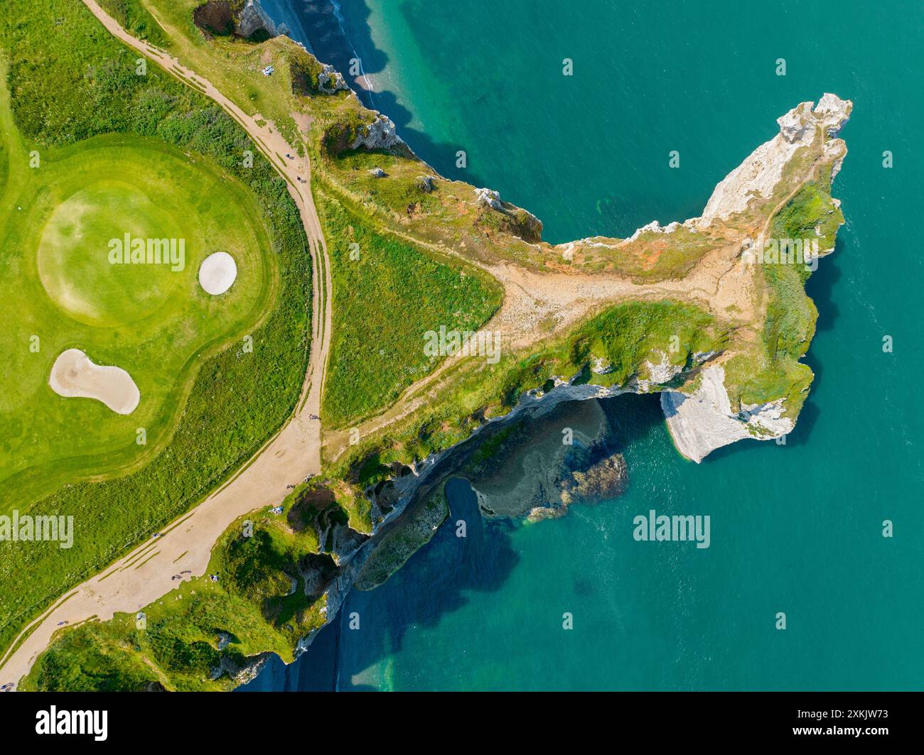 Aerial view of Etretat cliffs and the Atlantic ocean. Chalk cliffs and ...