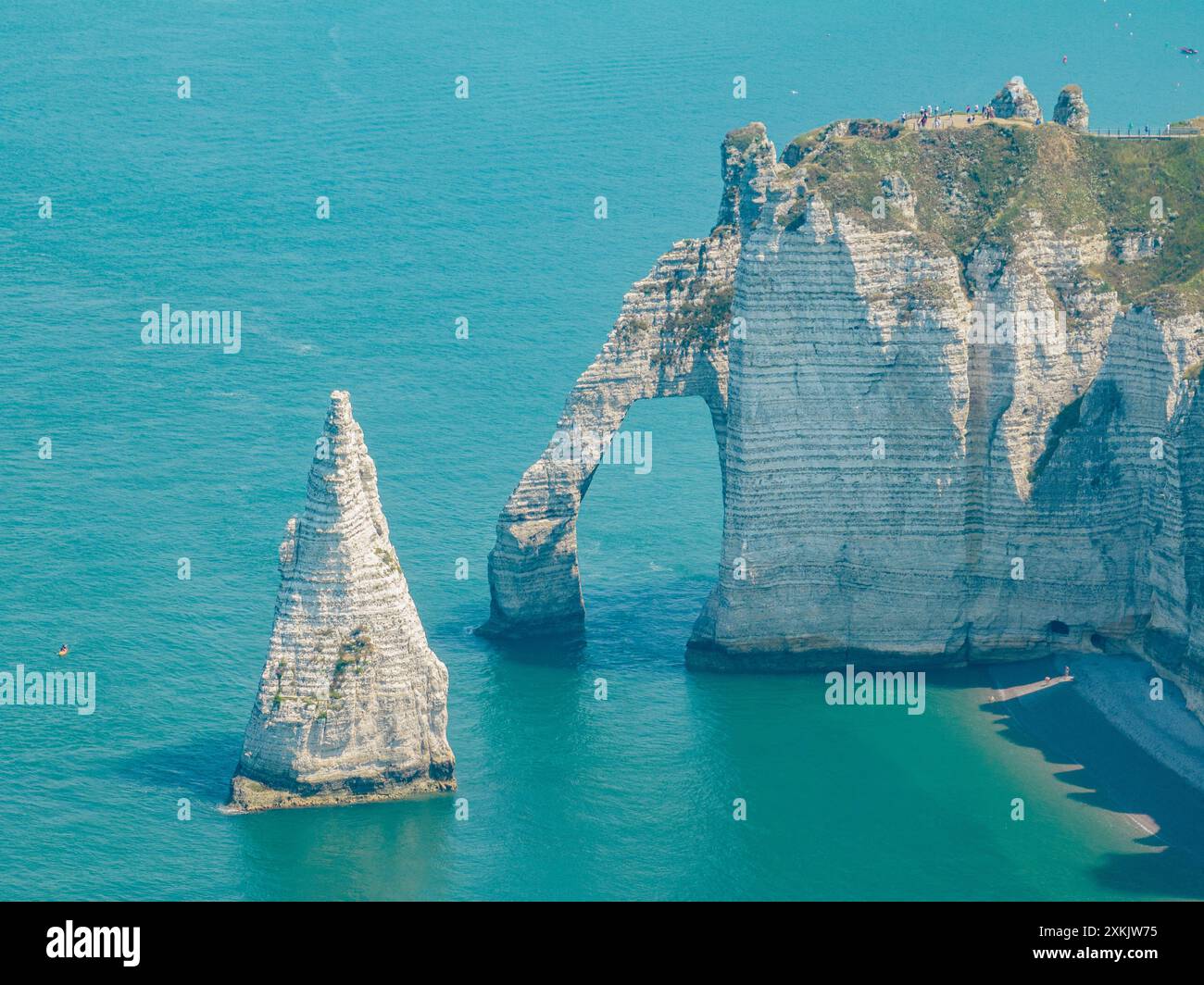 Aerial view of Etretat cliffs and the Atlantic ocean. Chalk cliffs and ...