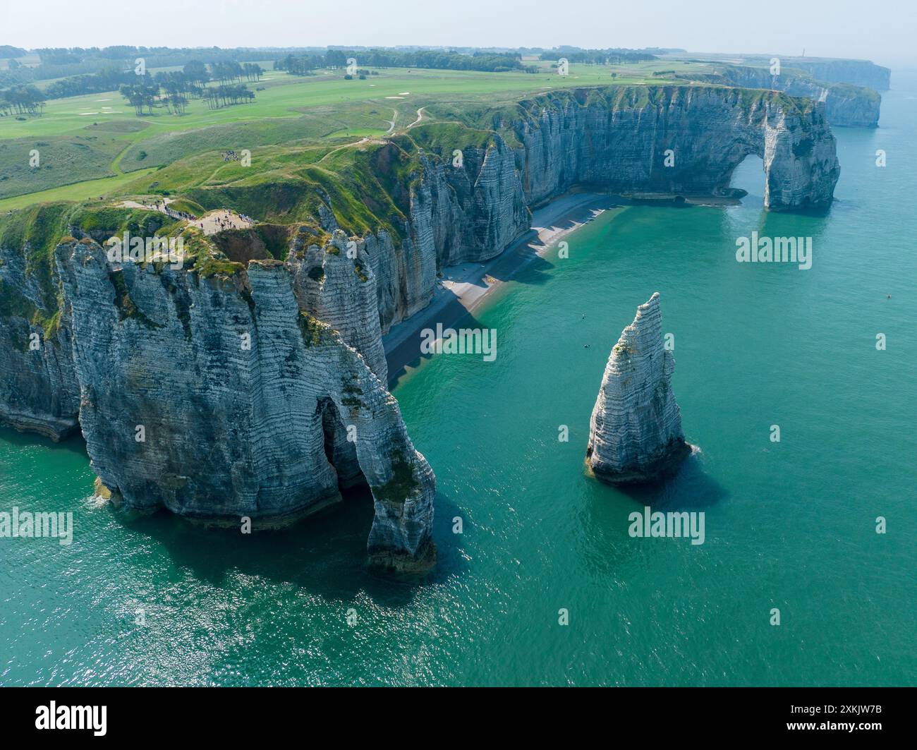 Aerial view of Etretat cliffs and the Atlantic ocean. Chalk cliffs and ...