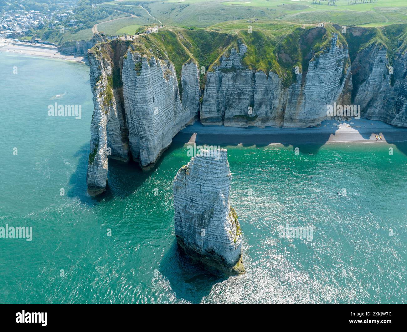 Aerial view of Etretat cliffs and the Atlantic ocean. Chalk cliffs and ...