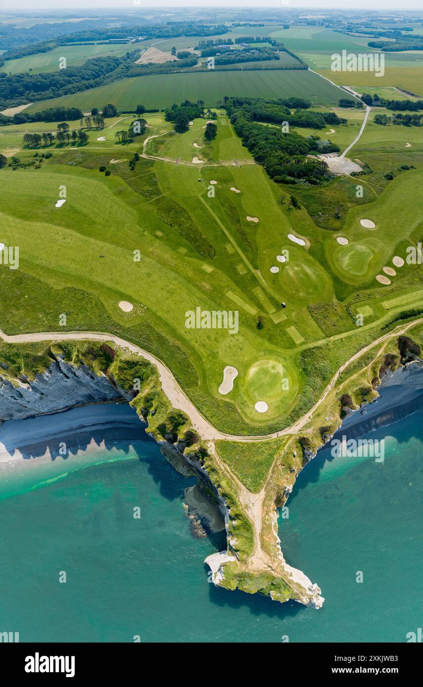 Aerial view of Etretat cliffs and the Atlantic ocean. Chalk cliffs and ...
