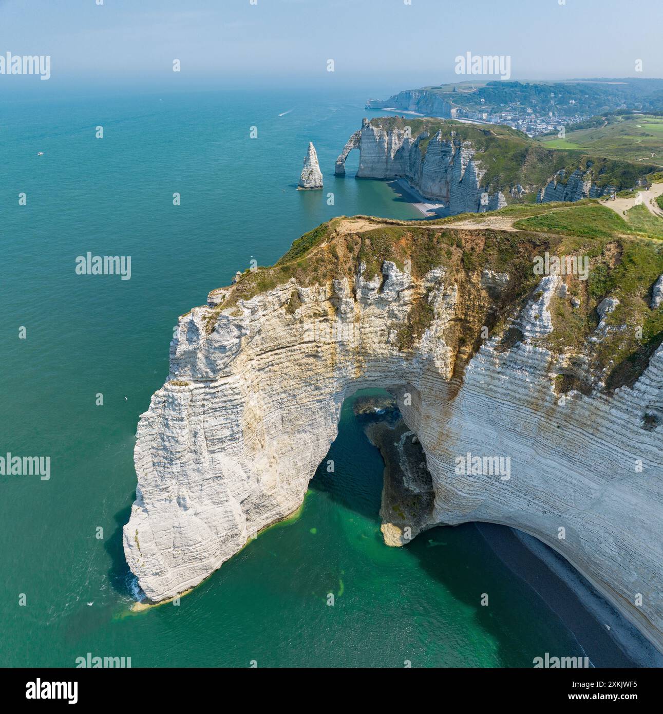 Aerial view of Etretat cliffs and the Atlantic ocean. Chalk cliffs and ...