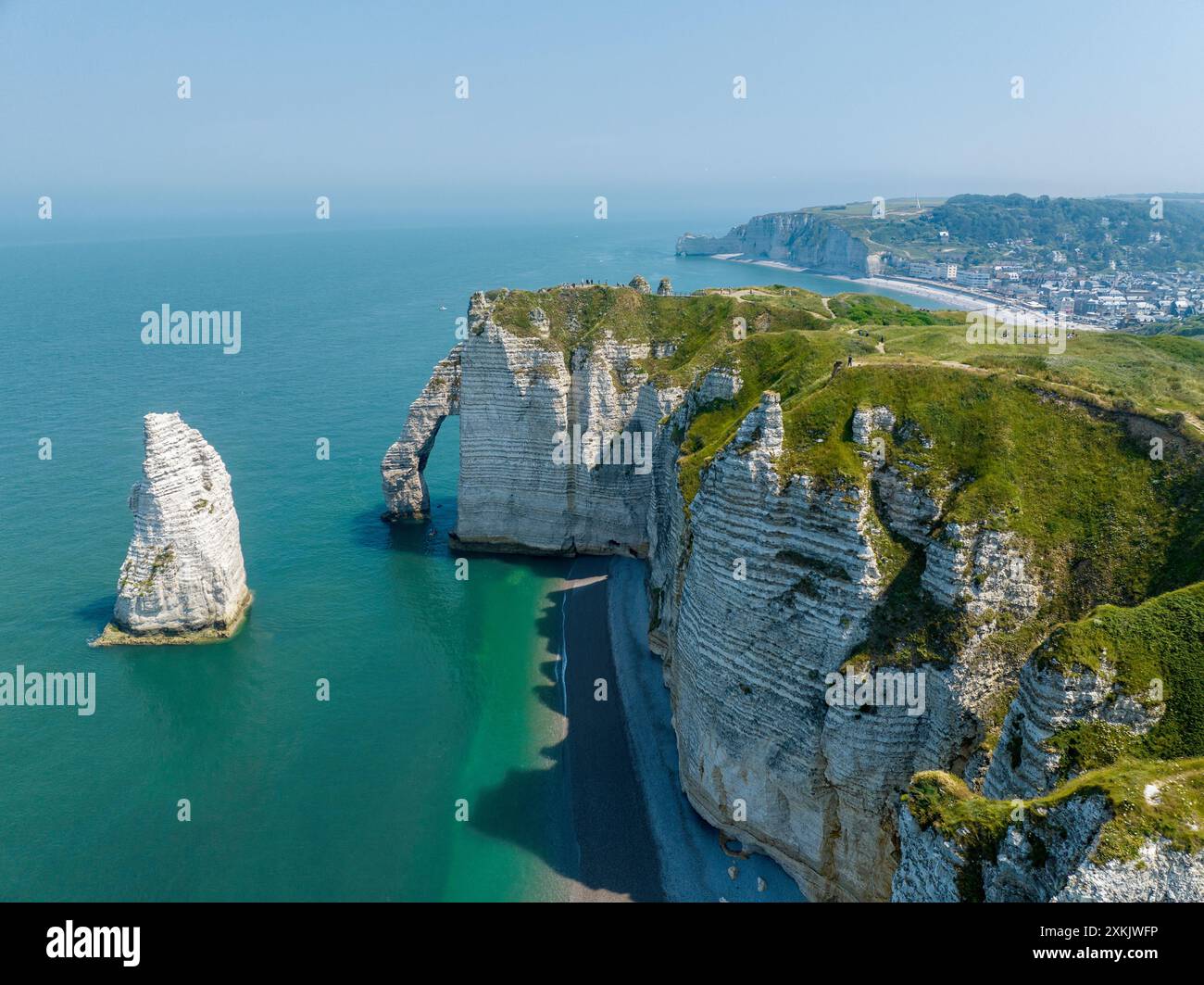 Aerial view of Etretat cliffs and the Atlantic ocean. Chalk cliffs and ...