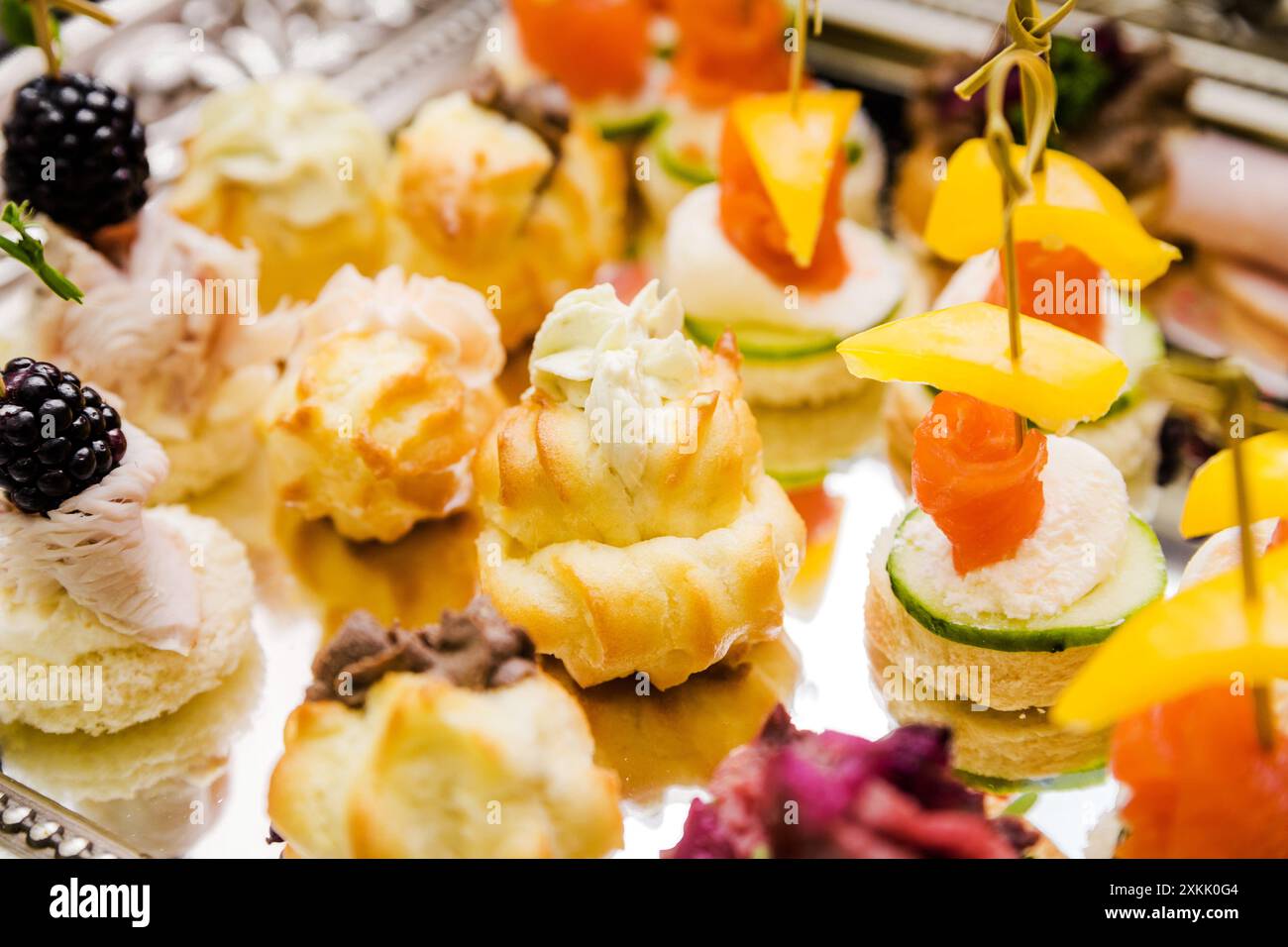 Assorted gourmet appetizers with various toppings including salmon ...