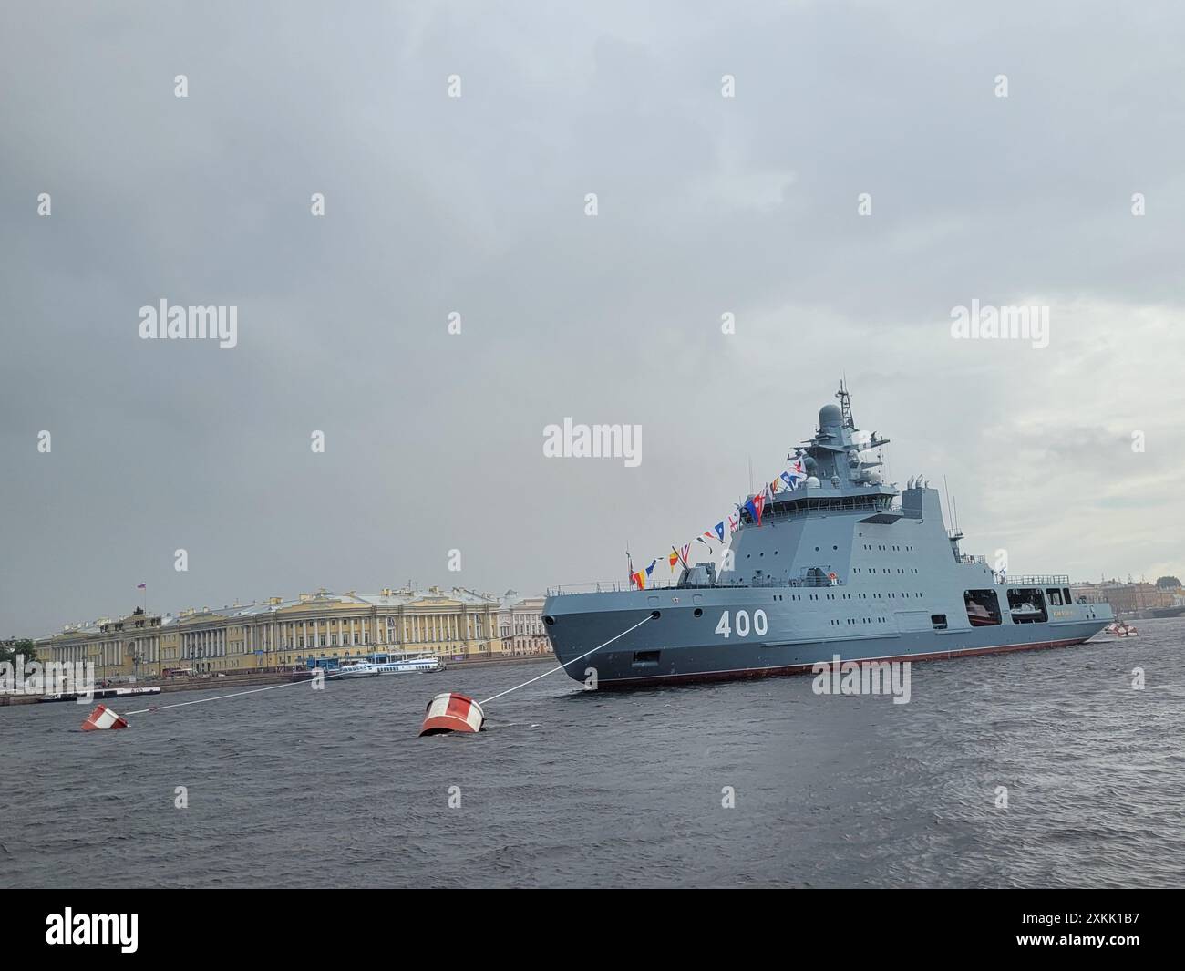 Navy Ships stay on a raid in the river Neva for the Navy day parade ...