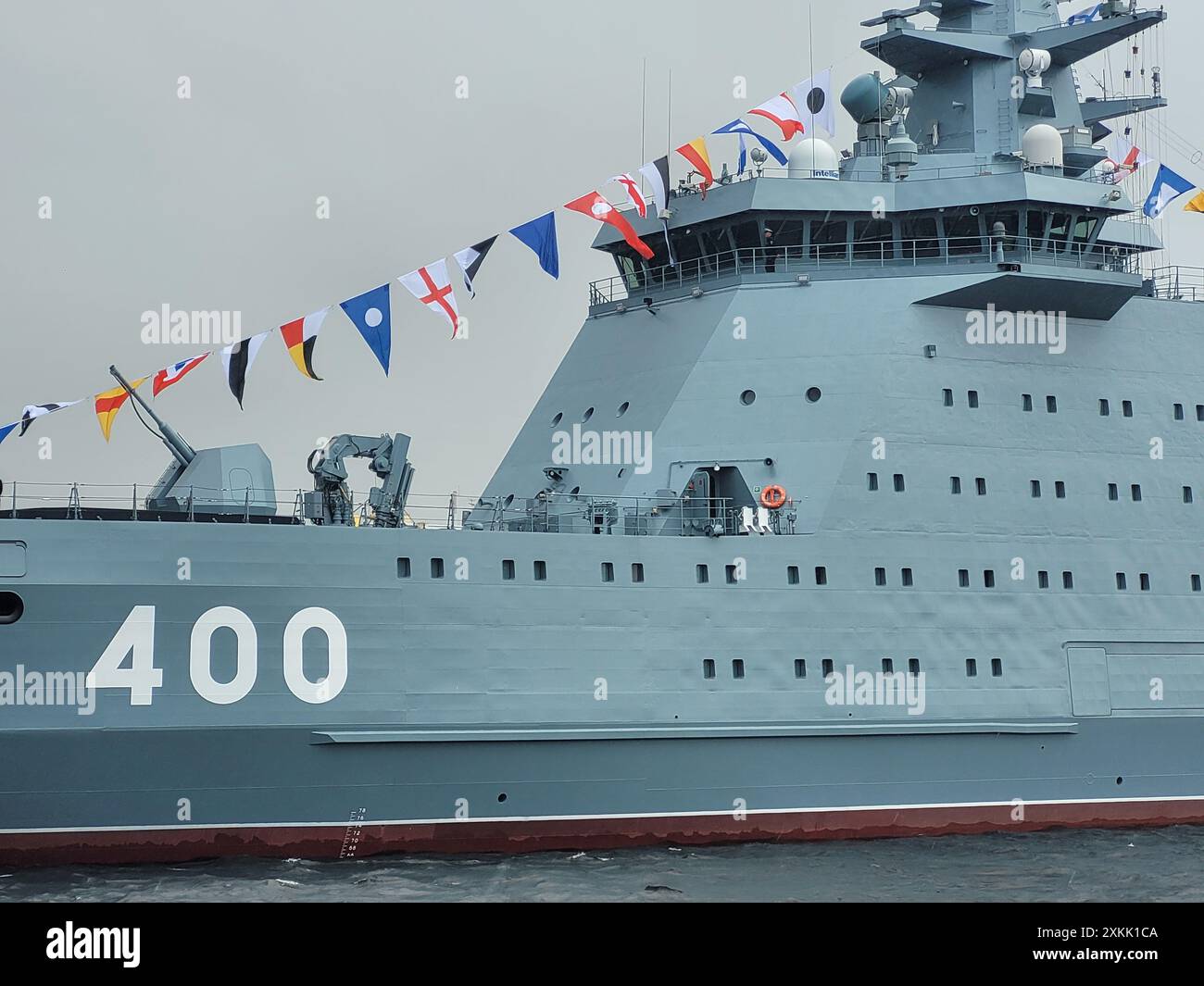 Navy Ships stay on a raid in the river Neva for the Navy day parade ...