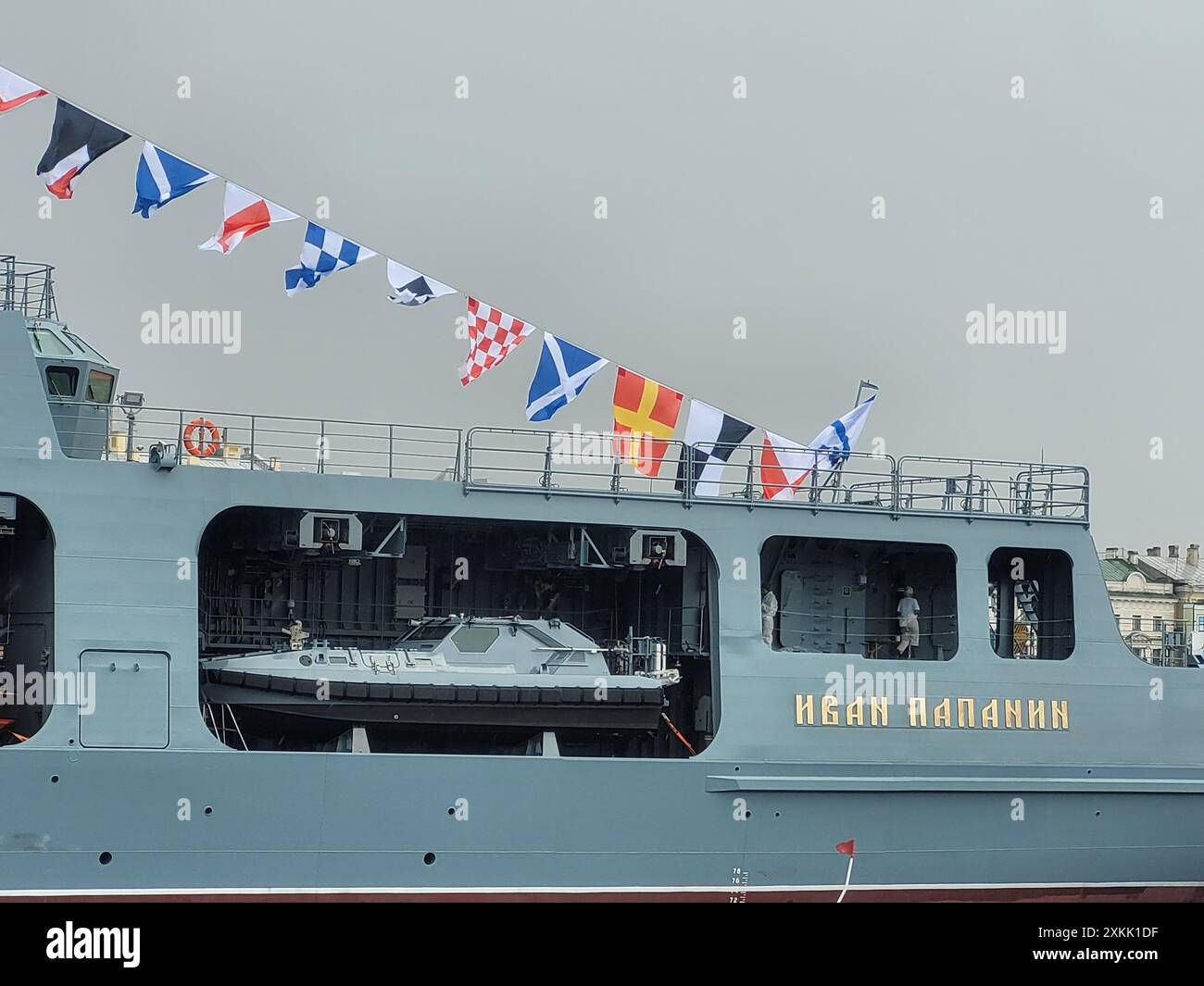 Navy Ships stay on a raid in the river Neva for the Navy day parade ...