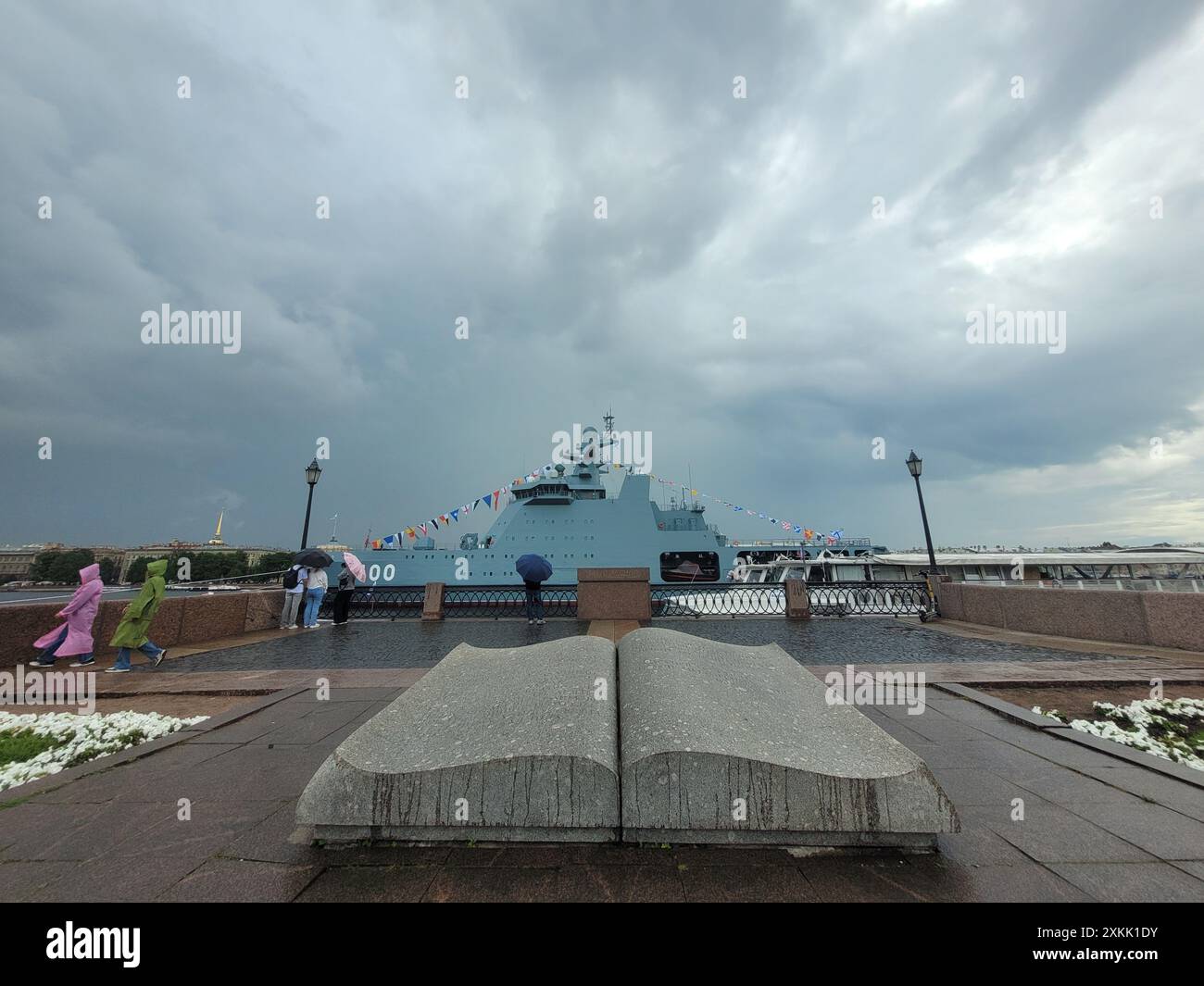 Navy Ships stay on a raid in the river Neva for the Navy day parade ...