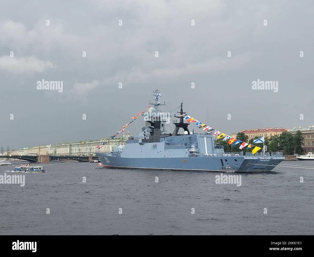 Navy Ships stay on a raid in the river Neva for the Navy day parade ...