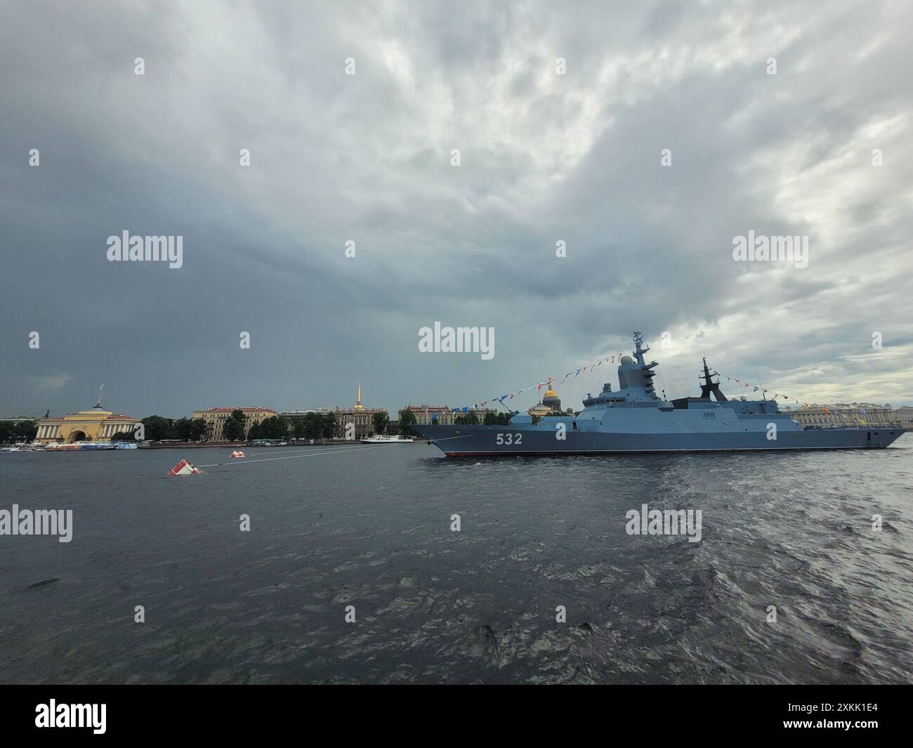 Navy Ships stay on a raid in the river Neva for the Navy day parade ...
