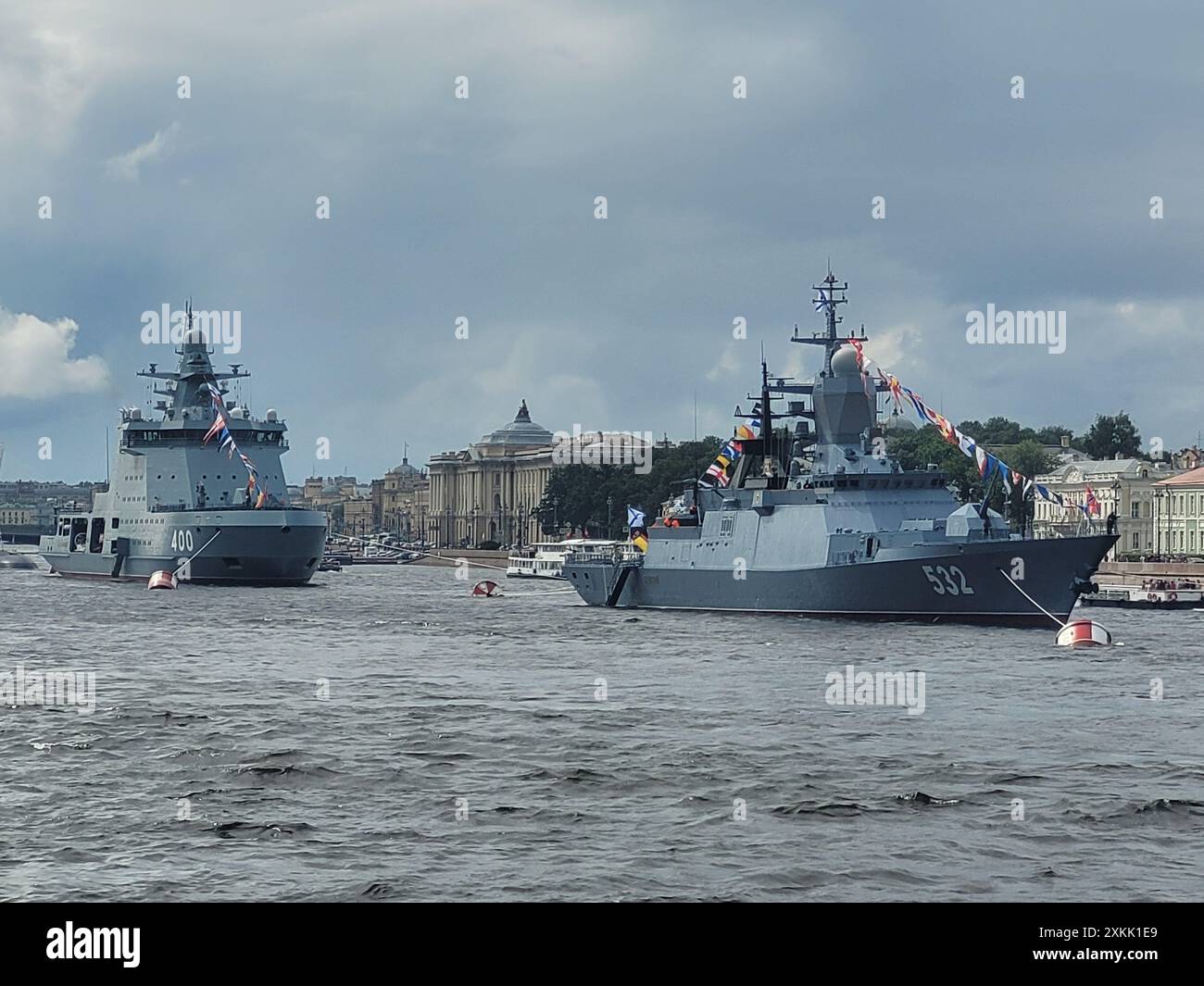 Navy Ships stay on a raid in the river Neva for the Navy day parade ...