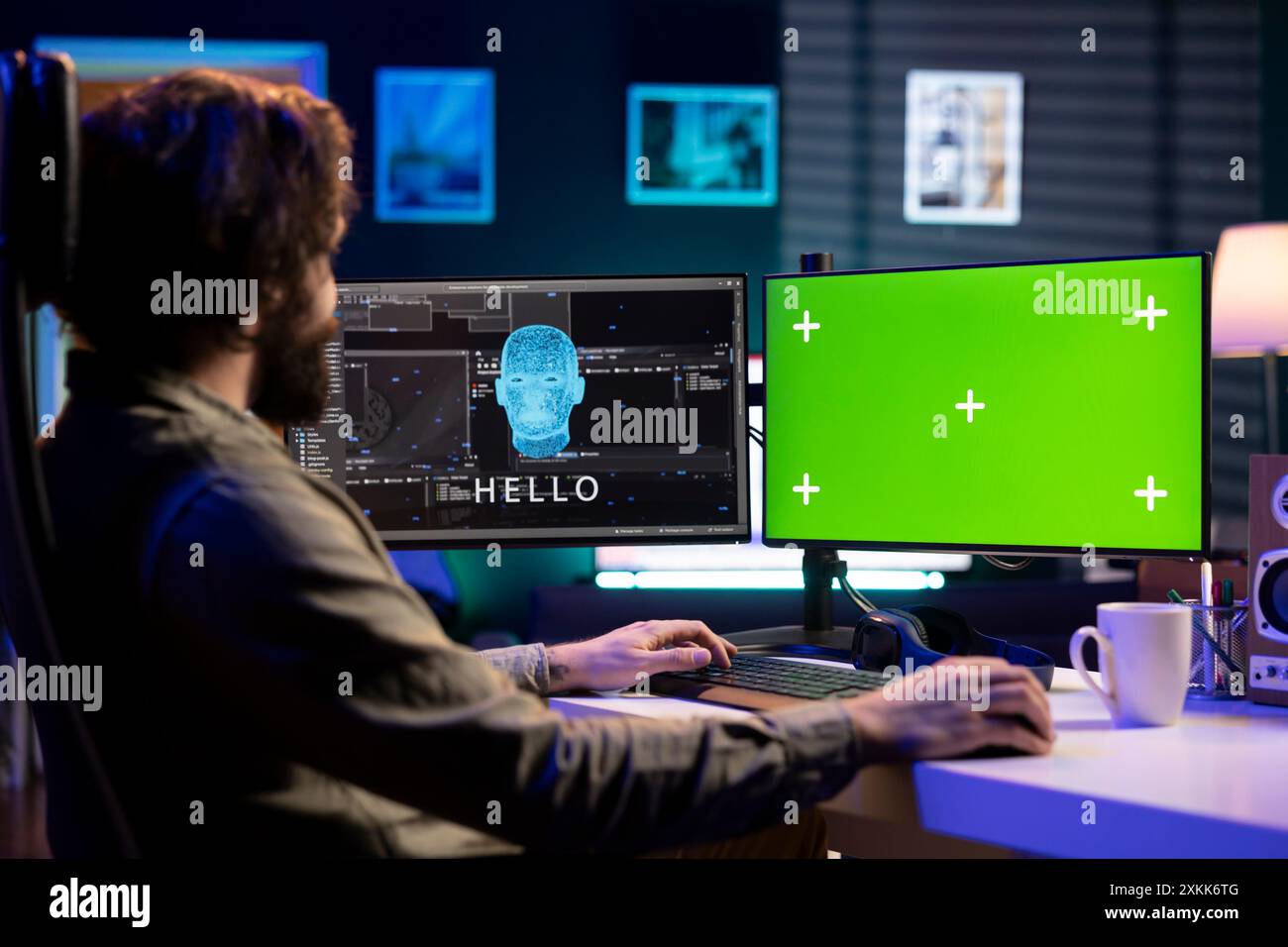 Sentient AI on green screen monitor interacting with computer engineer ...