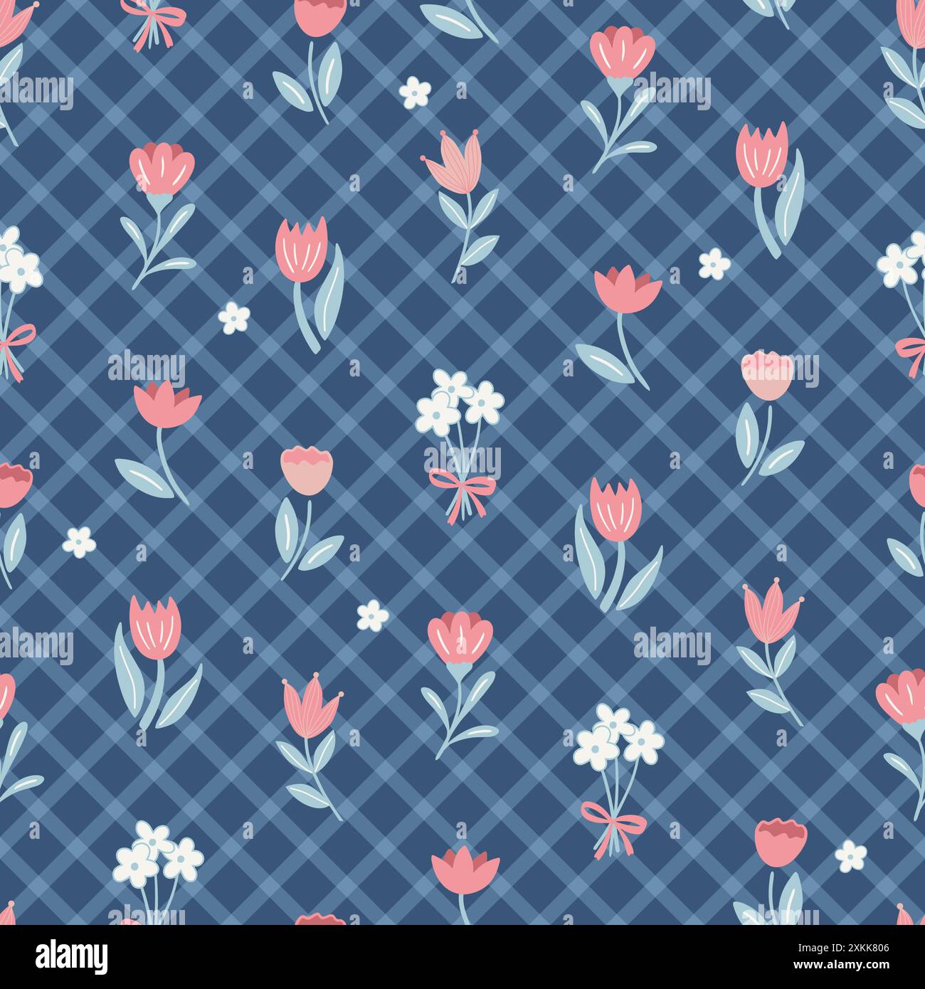 Cute floral motifs on blue grid background, perfect for kids' textiles ...