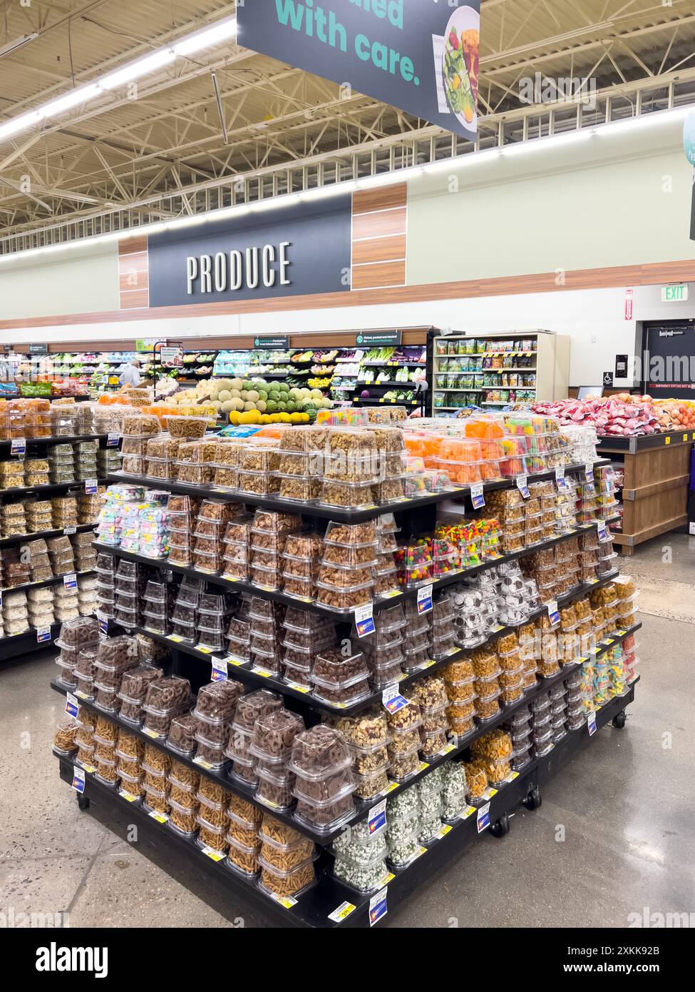 Grocery Store Produce Section with Snacks Display Stock Photo - Alamy