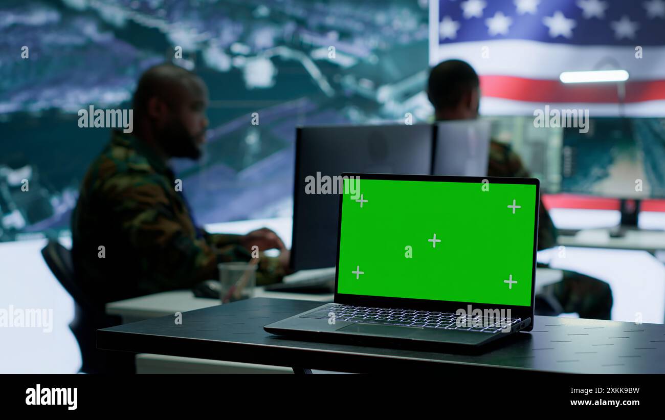 American army working in a command post with green screen, soldiers ...