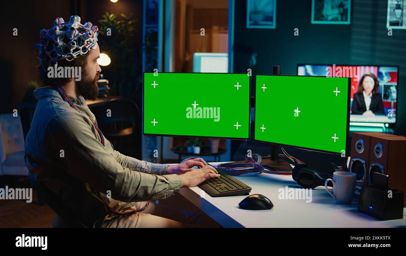 Engineer With Eeg Headset On Programming Brain Transfer Into Computer